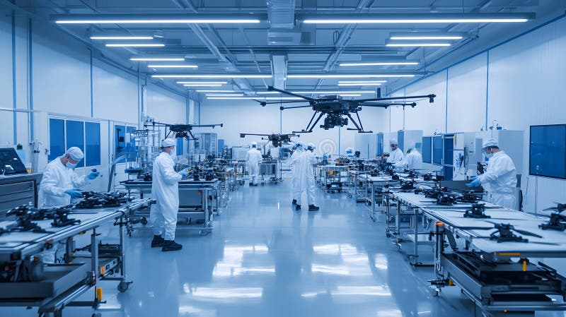 Technicians in White Suits Working on Drones in High-tech Laboratory ...
