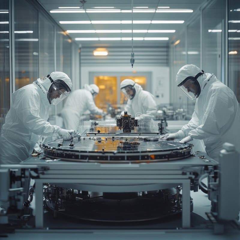 Technicians in White Suits Working in a High-Tech Clean Room Stock ...