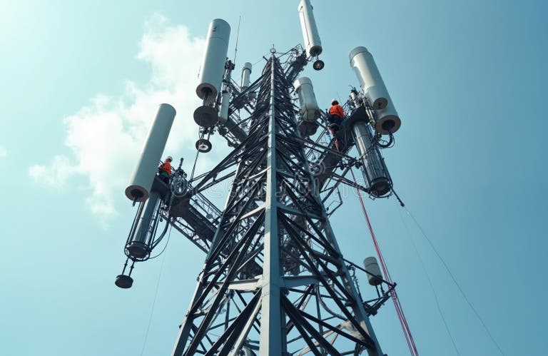 Technicians Work Atop Telecommunications Tower Upgrading Antennas ...