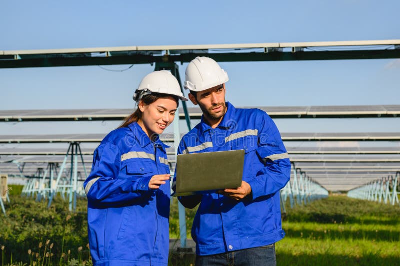 Technicians Workers Installing Solar Panels at Solar Cell Farm Stock ...