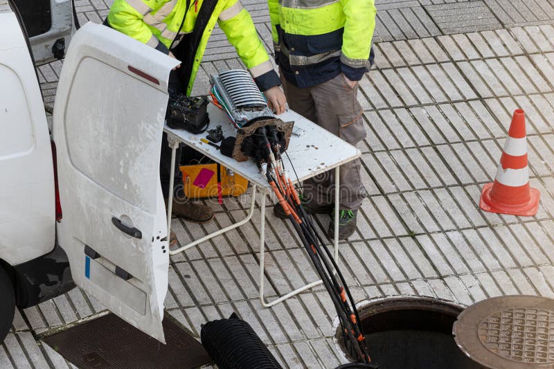 Technicians Workers Repairing Fiber Optic Cable Lines Stock Image ...