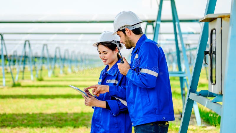 Technicians Workers Installing Solar Panels at Solar Cell Farm Stock ...