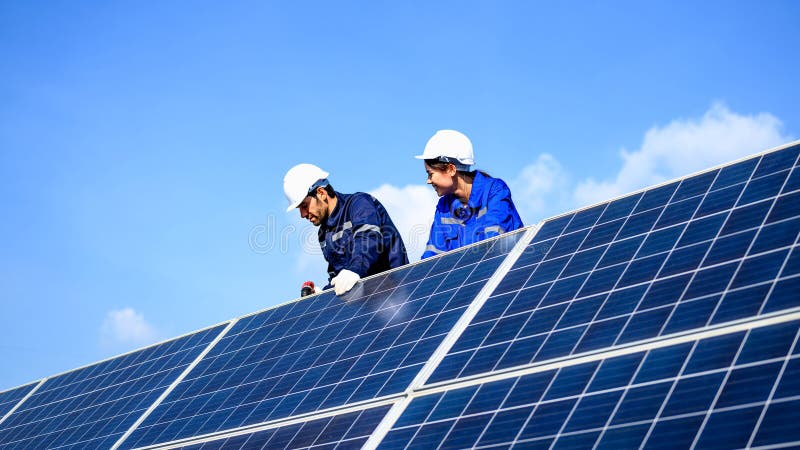 Technicians Workers Installing Solar Panels at Solar Cell Farm Stock ...