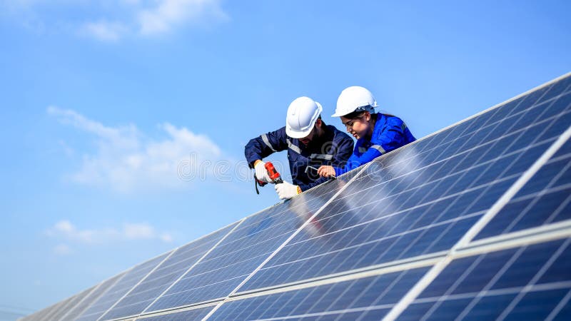 Technicians Workers Installing Solar Panels at Solar Cell Farm Stock ...