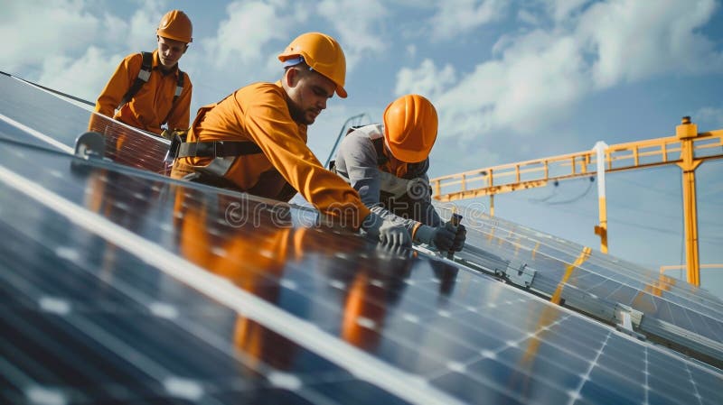 Technicians Working on the Installation, Assembling Solar Panels, and ...