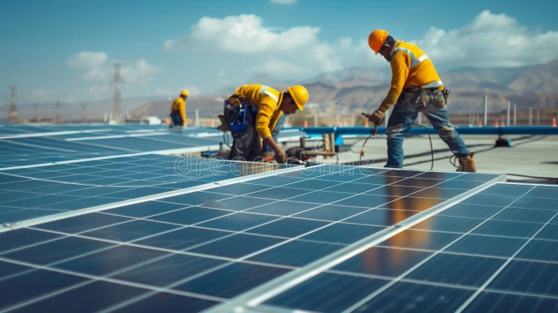 Technicians Working on the Installation, Assembling Solar Panels, and ...