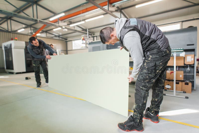 Technicians Works in Large Printing Press Hall and Printshop Office ...