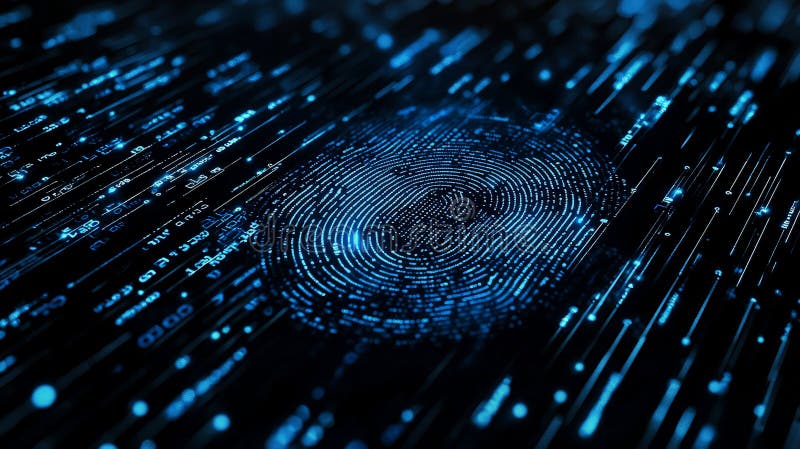 Techno Blueprint: Blue Fingerprint Lines in Code. Generative AI Stock ...