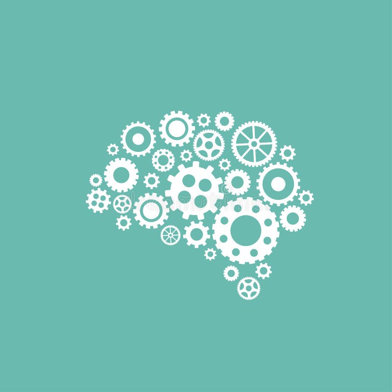 Techno Brain Made of White Gears and Wheels Isolated on Blue Background ...