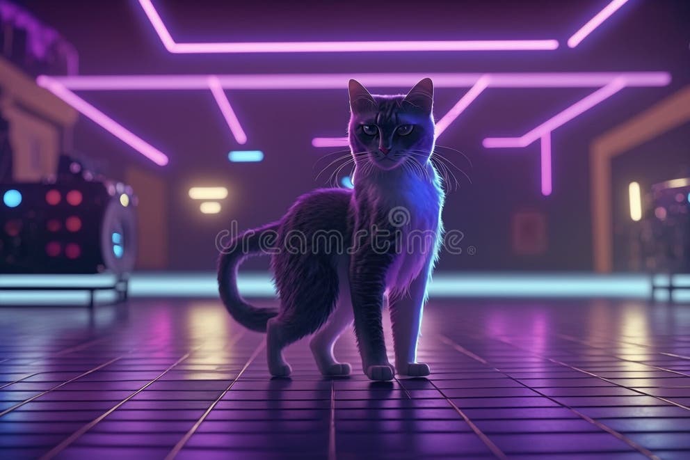 Techno Cat on the Dance Floor in Purple Lights Generative AI Stock ...