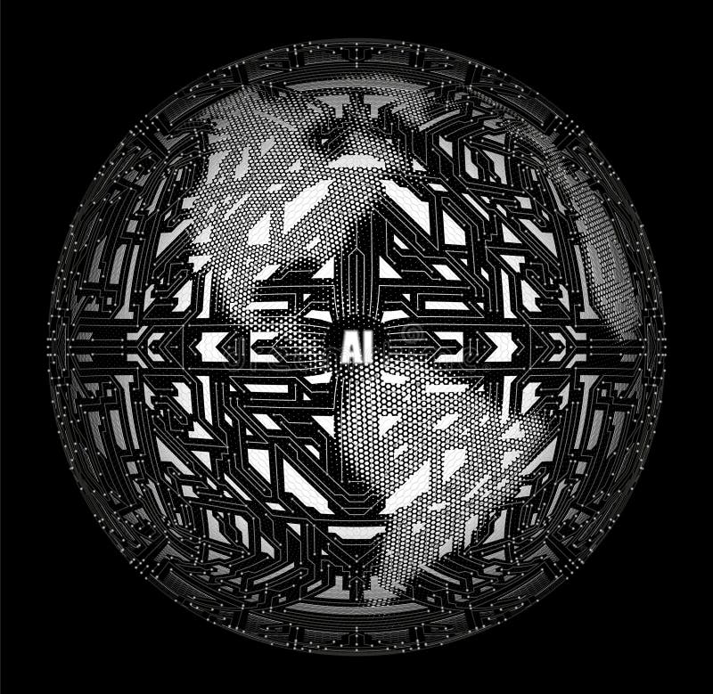 Techno Globe with the Word "AI" in the Center. the Black and White Structure of Circuits and ...