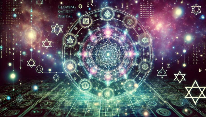Techno Mysticism, Glowing Sacred Geometry Merging with Digital Runes in ...