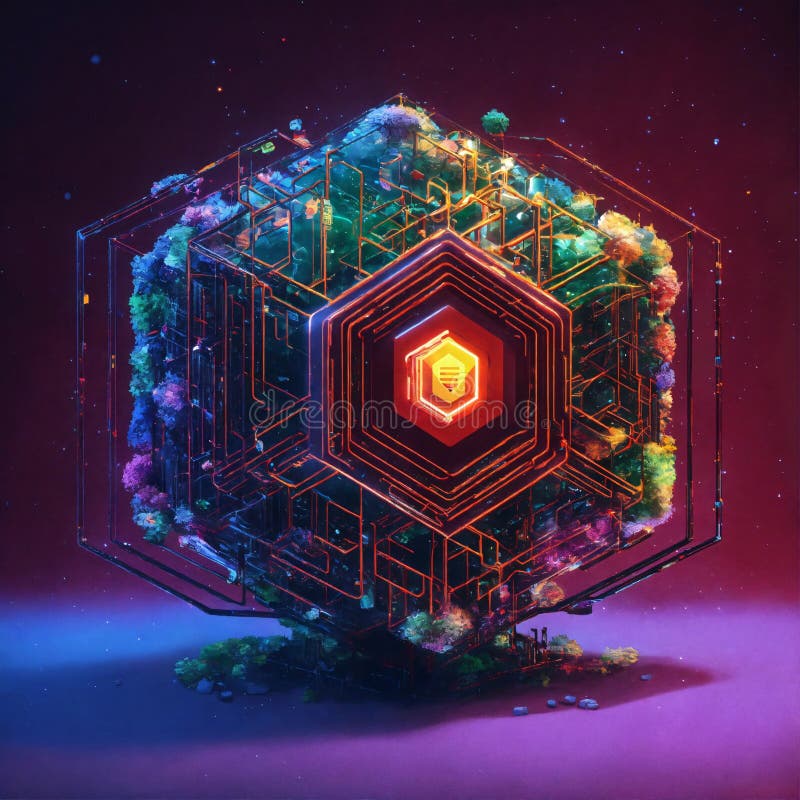 Techno-Nature Fusion: Glowing Cyber Cube Stock Illustration ...