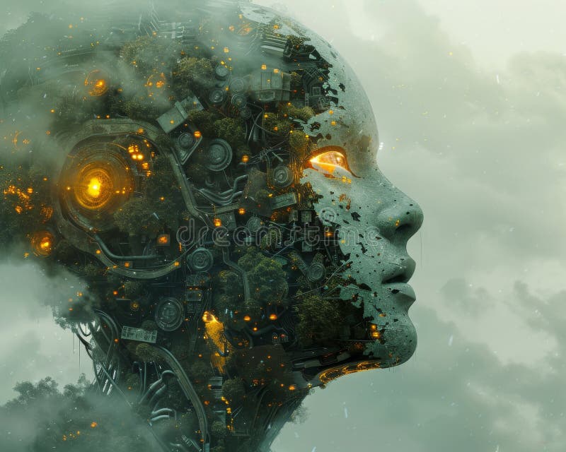 Techno Nature Futuristic Head Art Sci-fi Robot Machine AI Brain Technology Digital Integration ...