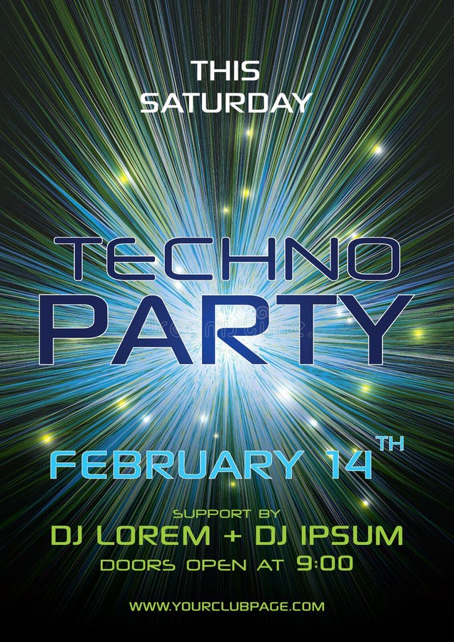 Techno Party Vector Flyer Template with Green and Blue Exlosion, Tunnel ...