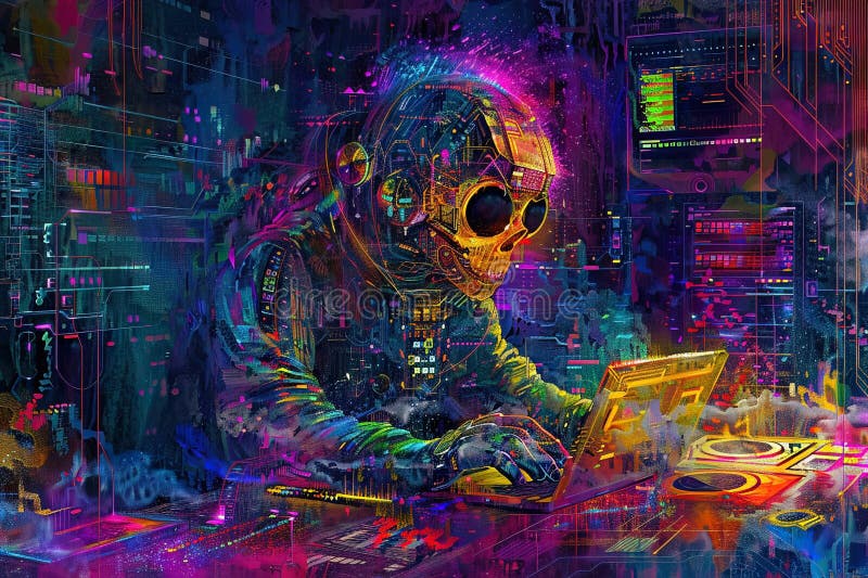 Techno Reaper in a Digital Den Coding Eternity in Vibrant Hues Stock ...