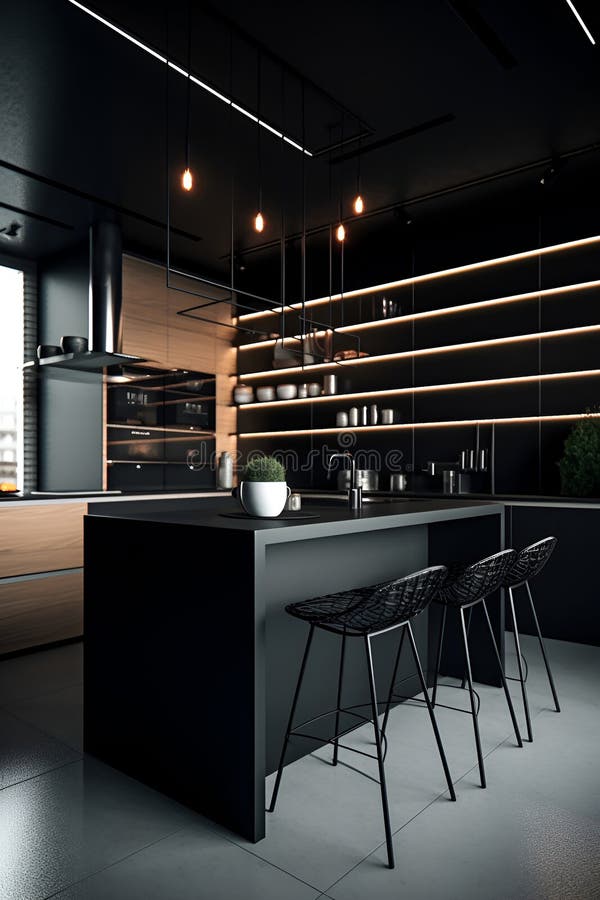 Techno Style Kitchen Interior in Luxury House Stock Illustration ...