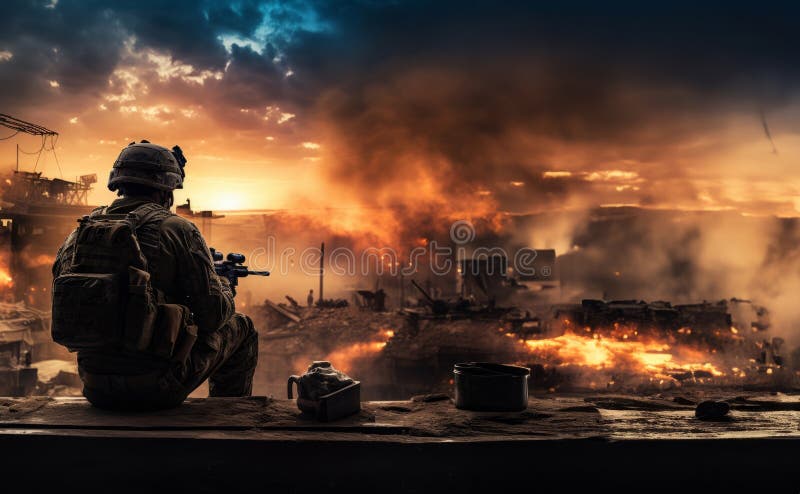 Techno-Warfare Professional Soldier Engaged with Combat Holograms on ...