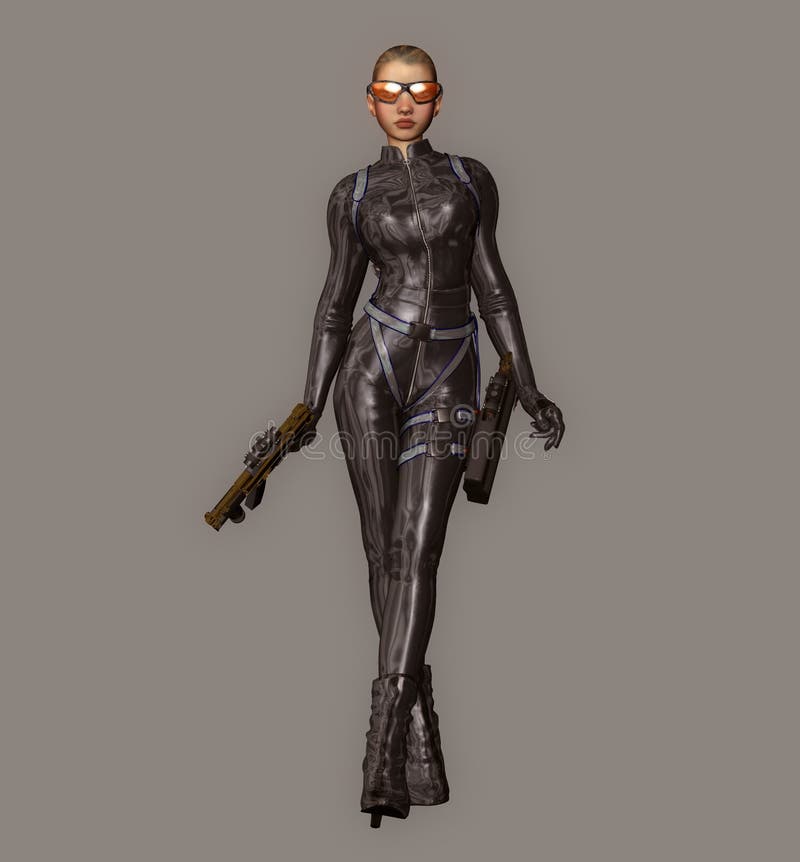 3D Futuristic Female Techno Warrior in Black Armor Stock Illustration ...