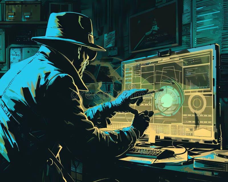A Technoir Illustration of a Detective Analyzing a Computer Screen ...