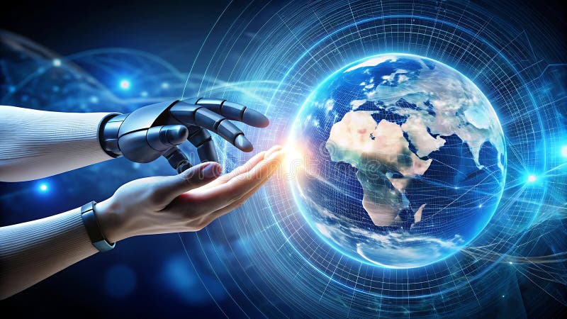 Technological Advancement Featuring a Human Hand and Robotic Hand with ...