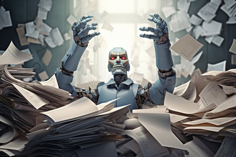 Technological Assistant among a Pile of Papers. Man is Like a Robot in ...