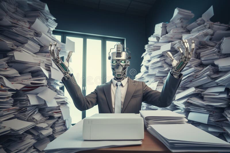 Technological Assistant among a Pile of Papers. Man is Like a Robot in ...