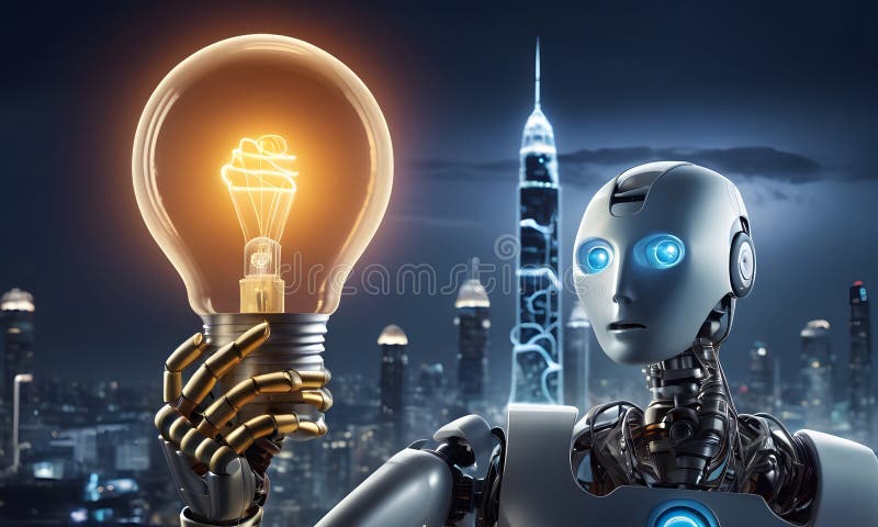 Technological Brilliance: Robot Holding Illuminated Bulb, AI Generated ...