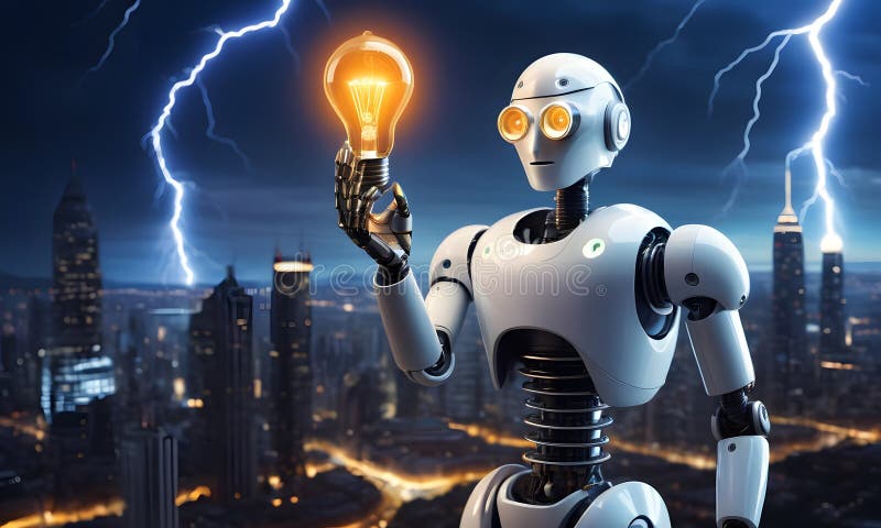 Technological Brilliance: Robot Holding Illuminated Bulb, AI Generated ...