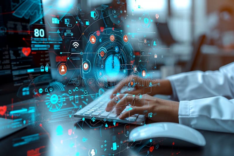 Technological Care Doctors Hand Works with Virtual Icon Diagram on ...