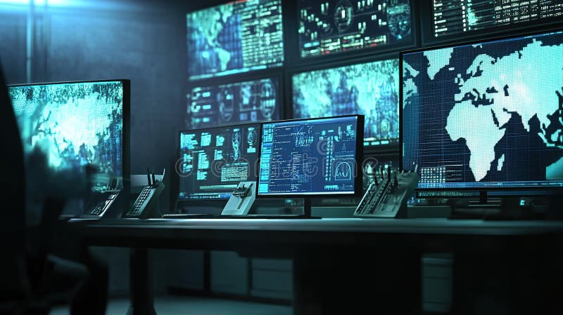 Technological Command Center With Multiple Monitors Displaying Global Data And Analytics At