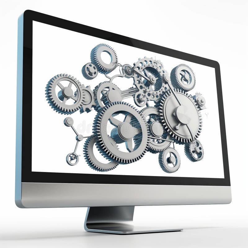 Technological Concept with Gears Emerging from Computer Monitor Stock ...