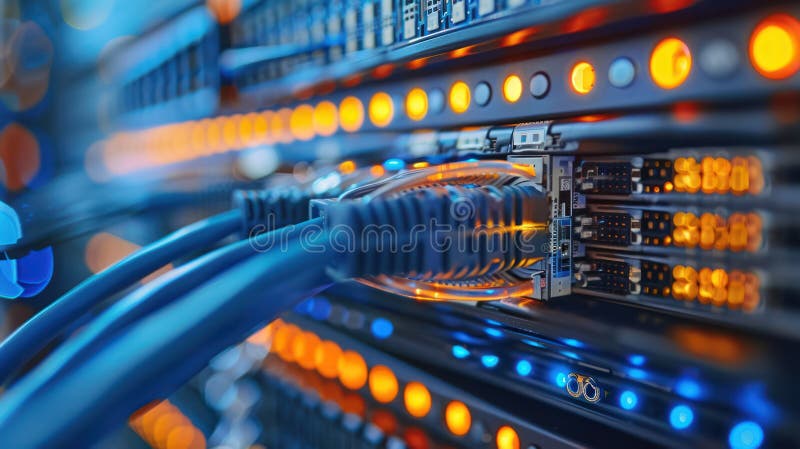 Blurred Data Center Background with Close-up of Network Switch and Blue ...