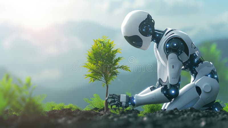 Technological Conservation: Human-Robot Team Planting Trees. Stock ...