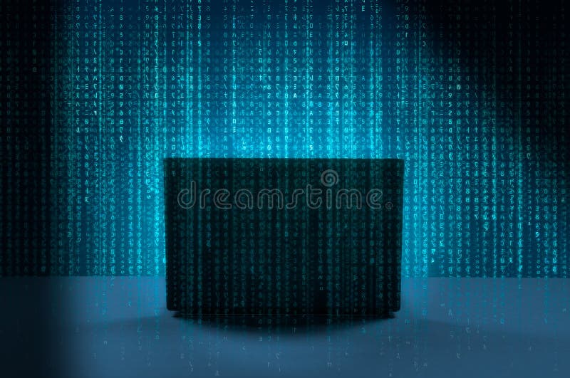 Technological Digital Background. Laptop on Table in Dark Room on ...