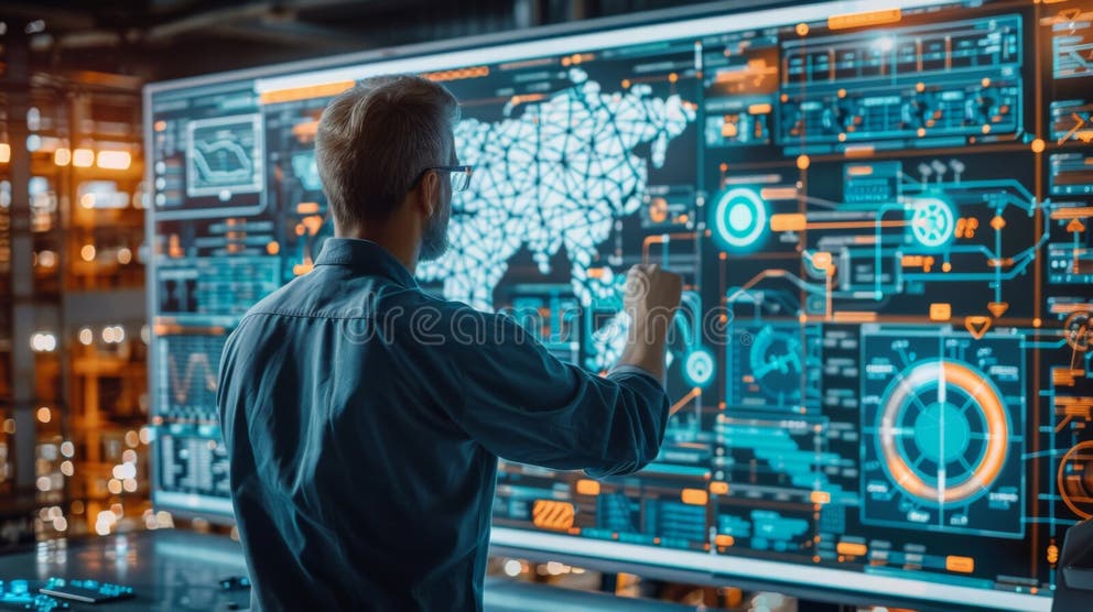 Technological Expert Analyzes Data on an Interactive Digital Display ...