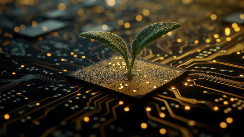 Technological Growth a Sprout Emerging from a Computer Chip Connecting ...