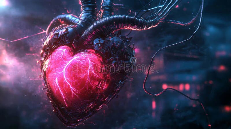 Technological Heart with Glowing Red Core and Complex Wiring on Dark ...