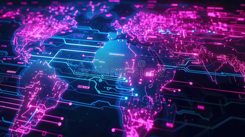 Technological Hotspots: Cybernetic World Map with LED Highlights. Stock ...