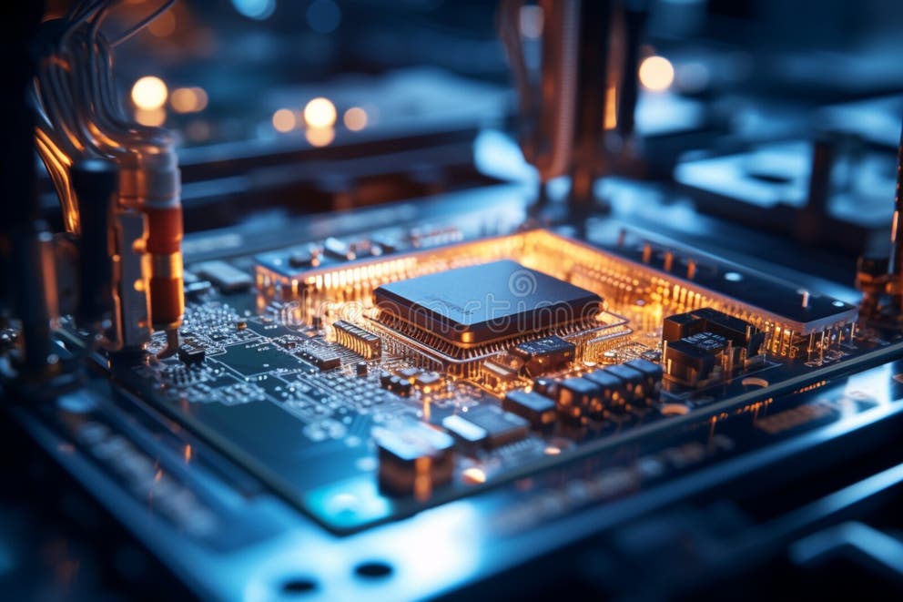 Technological Hub Microelectronics Chip Factory with Machines, Robots ...