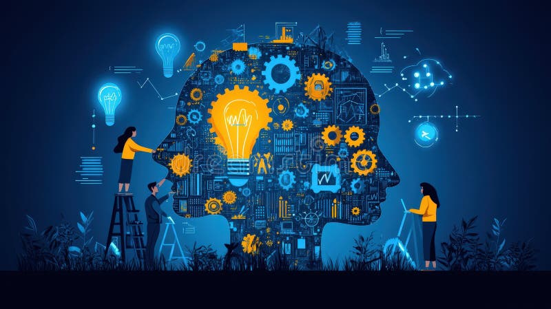 Technological Human Head with Light Bulb and Data Symbols Stock Photo ...