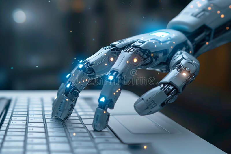 Technological Innovation AI Robot Hand on Keyboard in Digital Design ...