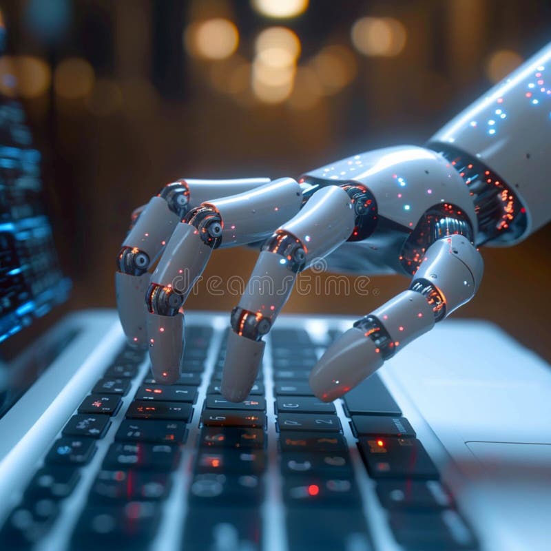 Technological Innovation AI Robot Hand on Keyboard in Digital Design ...
