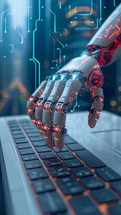 Technological Innovation AI Robot Hand on Keyboard in Digital Design ...