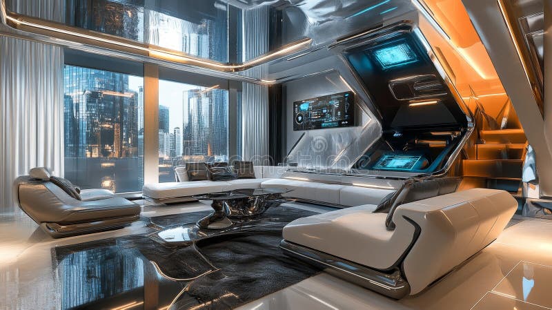 Technological Interior of Living Room Using Smart Gadgets, Metal, Glass ...