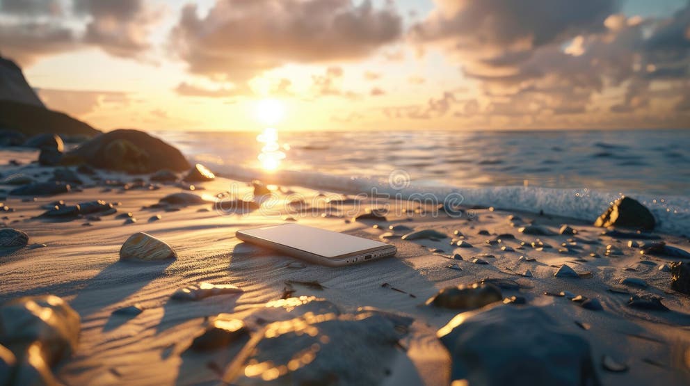 Technological Oasis: Laptop Computer Embraces Sandy Shore Stock Photo ...