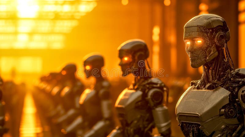 Technological Revolution, Robots Standing in Formation at Sunset Stock ...