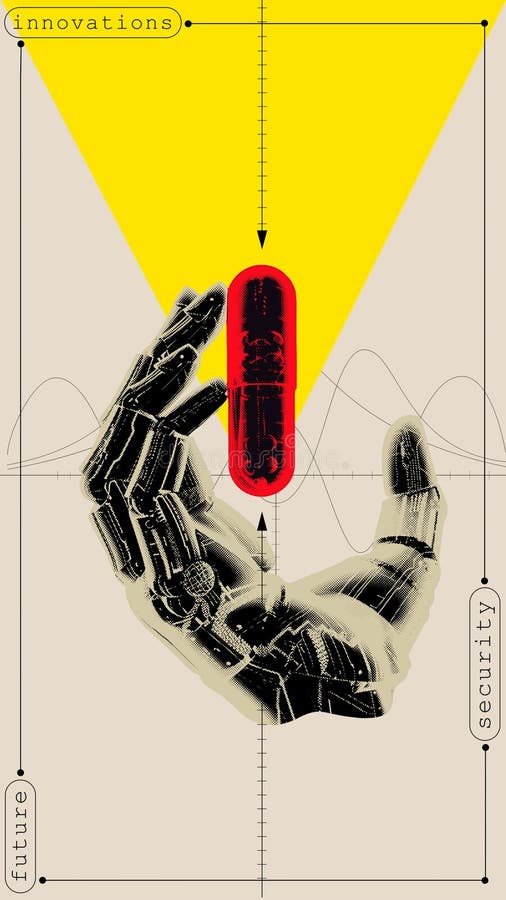 Technological Safeguarding. Robotic Hand with Red Capsule. Advanced ...