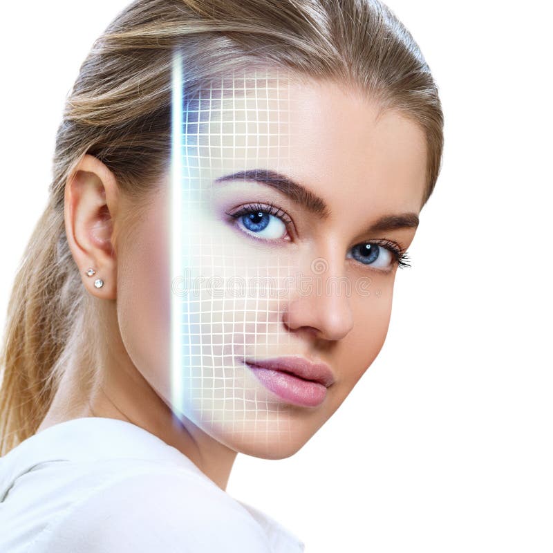 Technological Scanning of Face of Young Woman. Stock Image - Image of ...