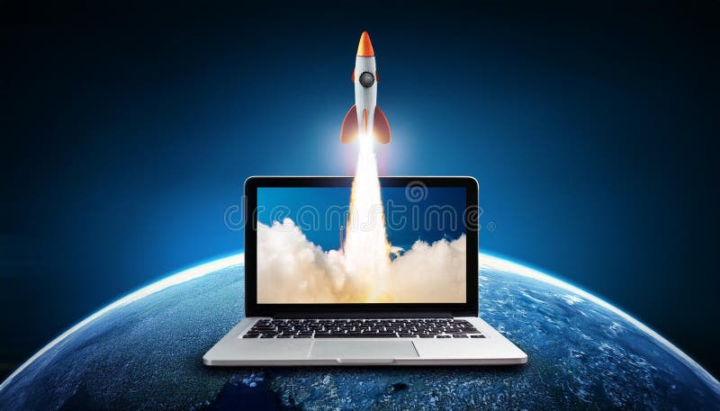 Technological Startup Concept with Rocket Take Off from Laptop ...